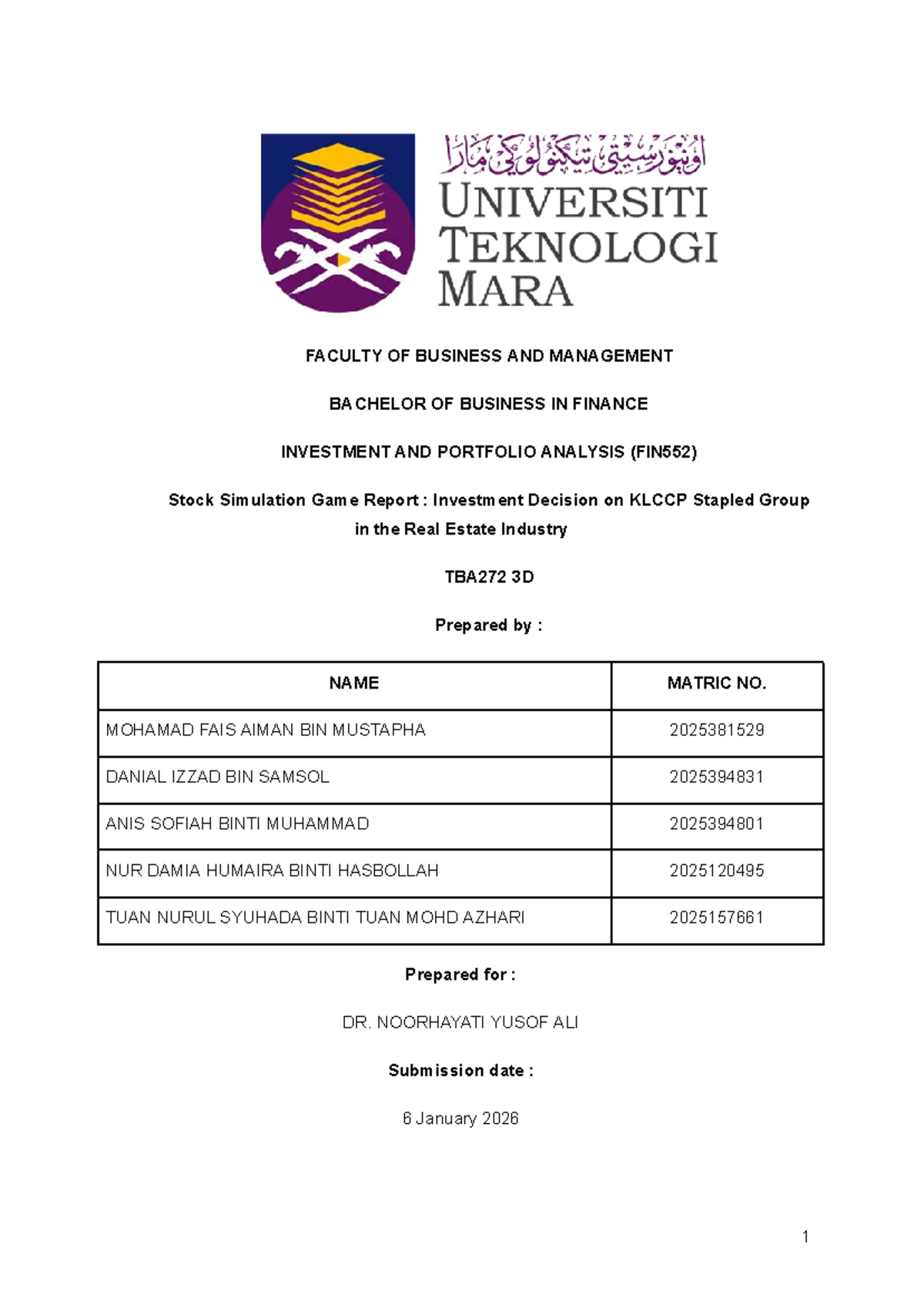 FIN552 Stock Simulation Game Report: Investment Analysis of KLCCP ...