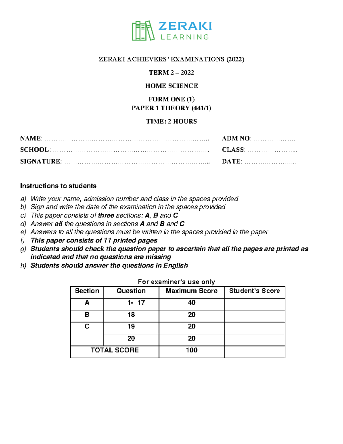Home Science - Form 1 Paper 1 Theory Exam (2022) - Question Paper - Studocu