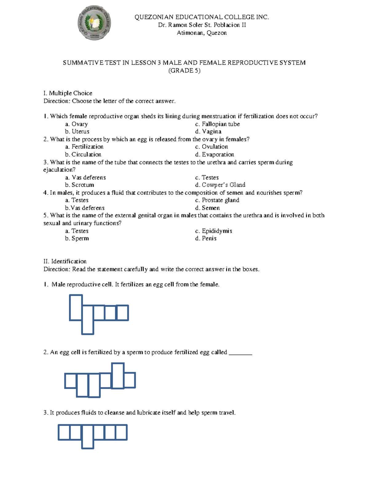 Summative Test on Male & Female Reproductive System (Grade 5) - Studocu