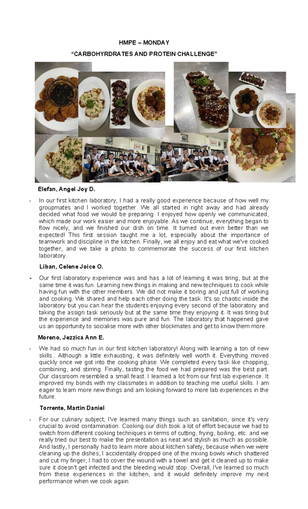 Culinary Lab Experience Reflection - HMPE 86292 - Studocu