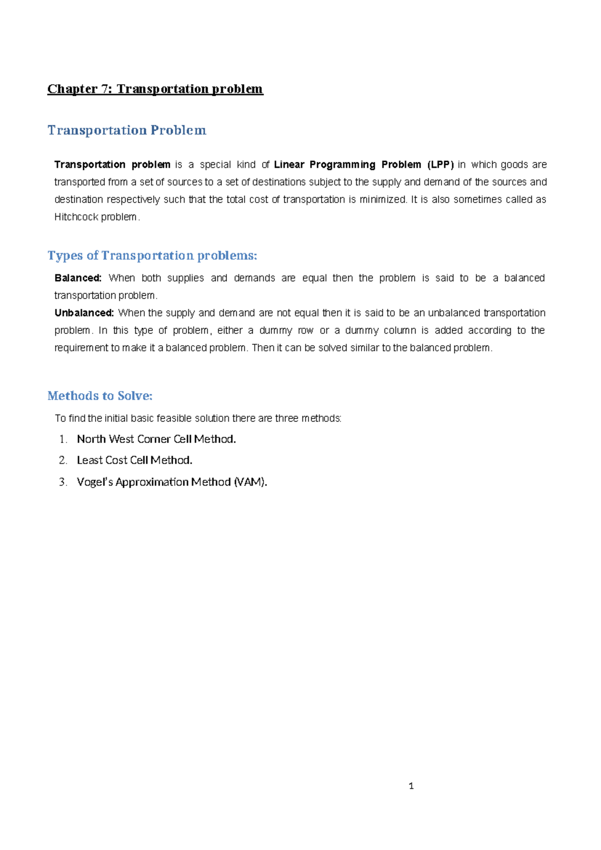 Chapter 7: Transportation Problem Overview and Solution Methods - Studocu