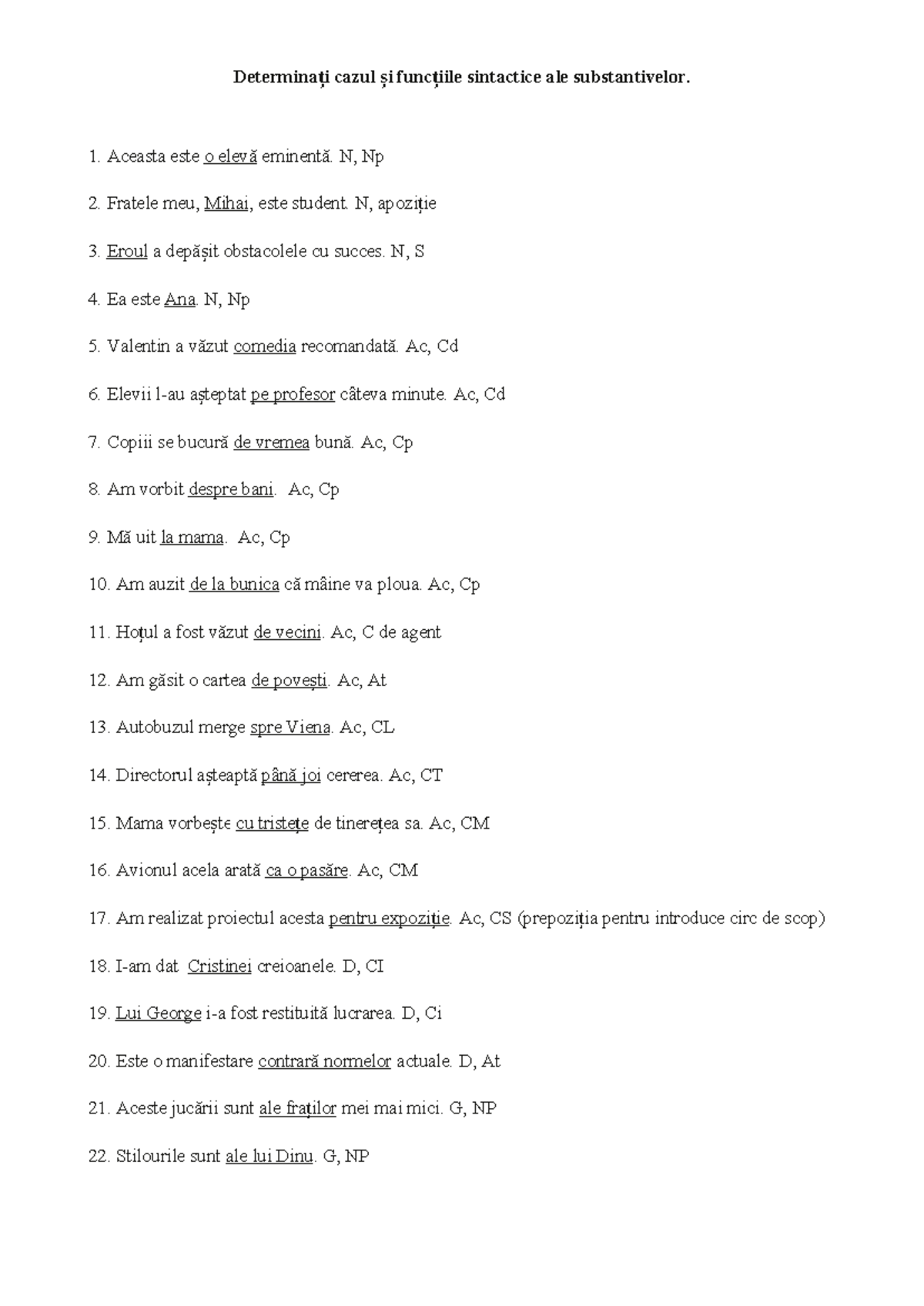 Cazuri și Funcții Sintactice ale Substantivelor - Exerciții - Studocu