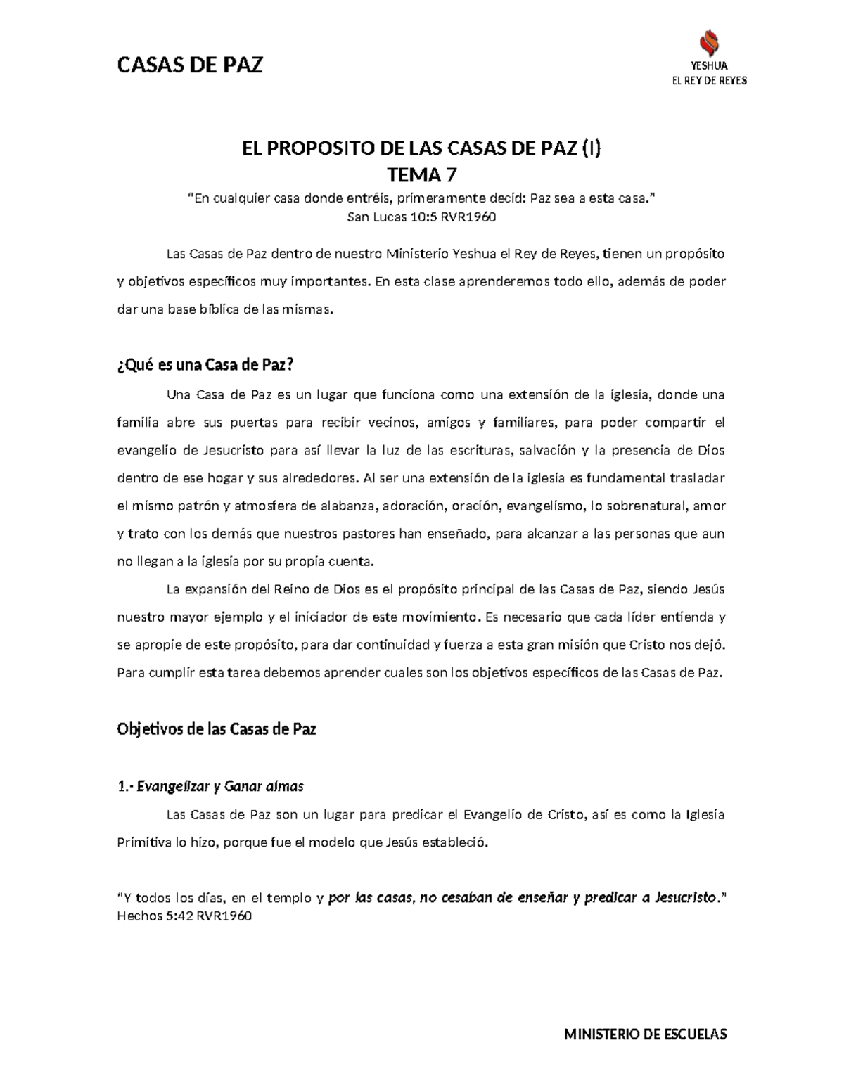 CASAS DE PAZ: PROPÓSITOS Y OBJETIVOS EN EL MINISTERIO YESHUA - Studocu