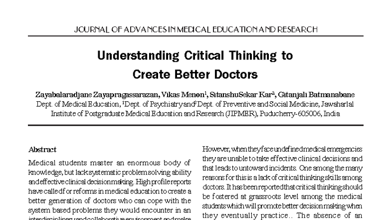 Critical Thinking in Medical Education: Enhancing Decision-Making ...