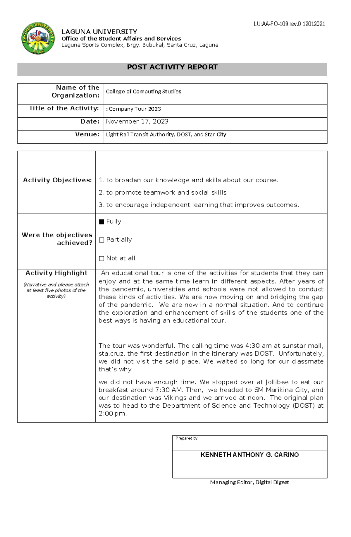 Company Tour 2023 Post Activity Report - College of Computing Studies ...