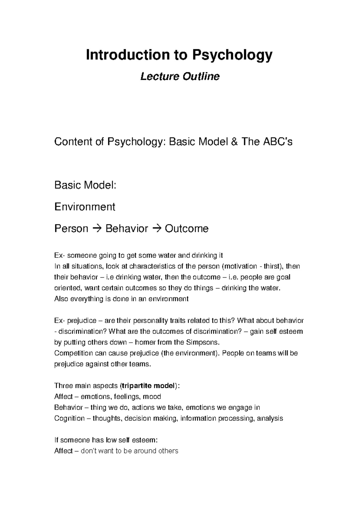 Lecture notes, Introduction to Psychology - Introduction to Psychology ...