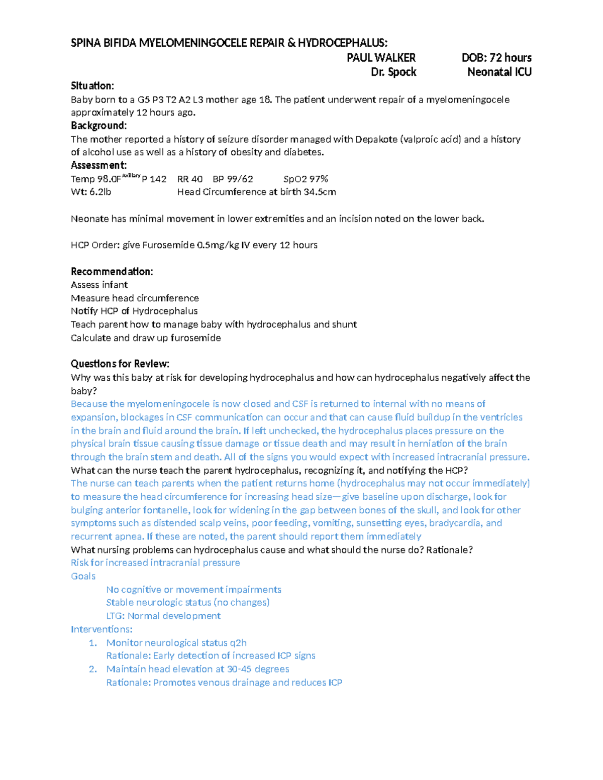 S+Myelo+Repair+with+Hydrocephalus+Nursing+Assessment+Notes - Studocu