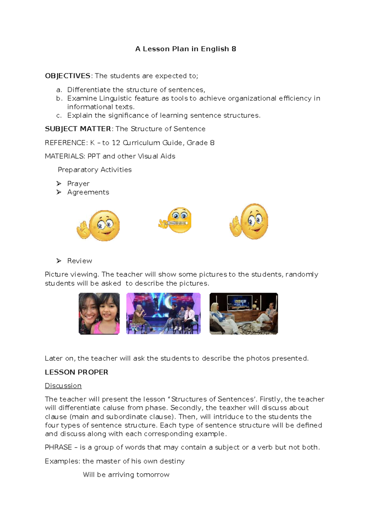 Lesson Plan: Understanding Sentence Structures in English 8 - Studocu