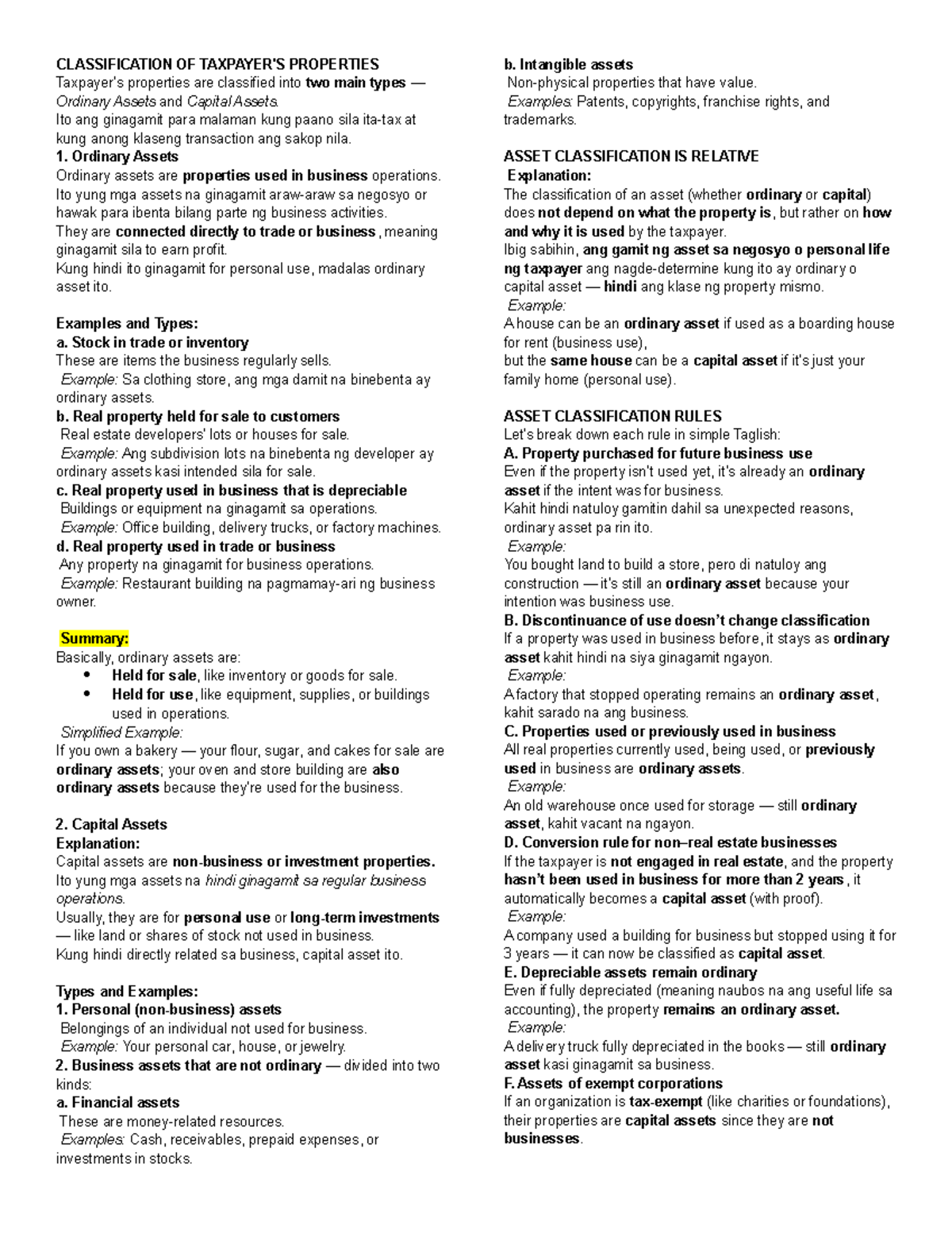 Classification of Properties: Ordinary vs. Capital Assets (Taxation ...