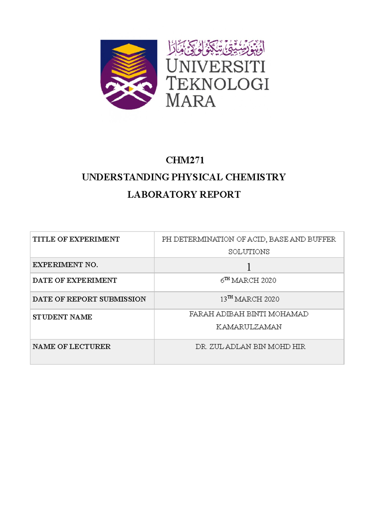 CHM271 - Lab Report 1: pH Determination of Acids, Bases & Buffers - Studocu