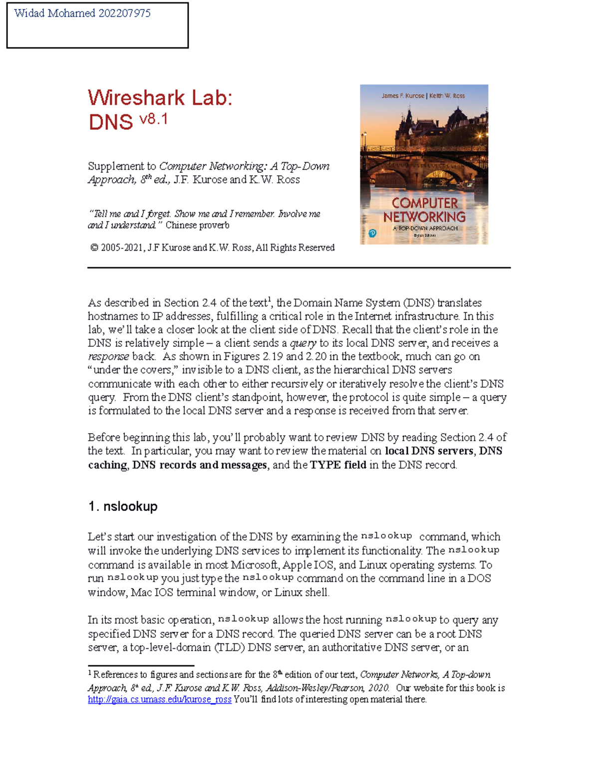 Lab 3 Wireshark Dns V81 1 1 Wireshark Lab Dns V8 Supplement To Computer Networking A