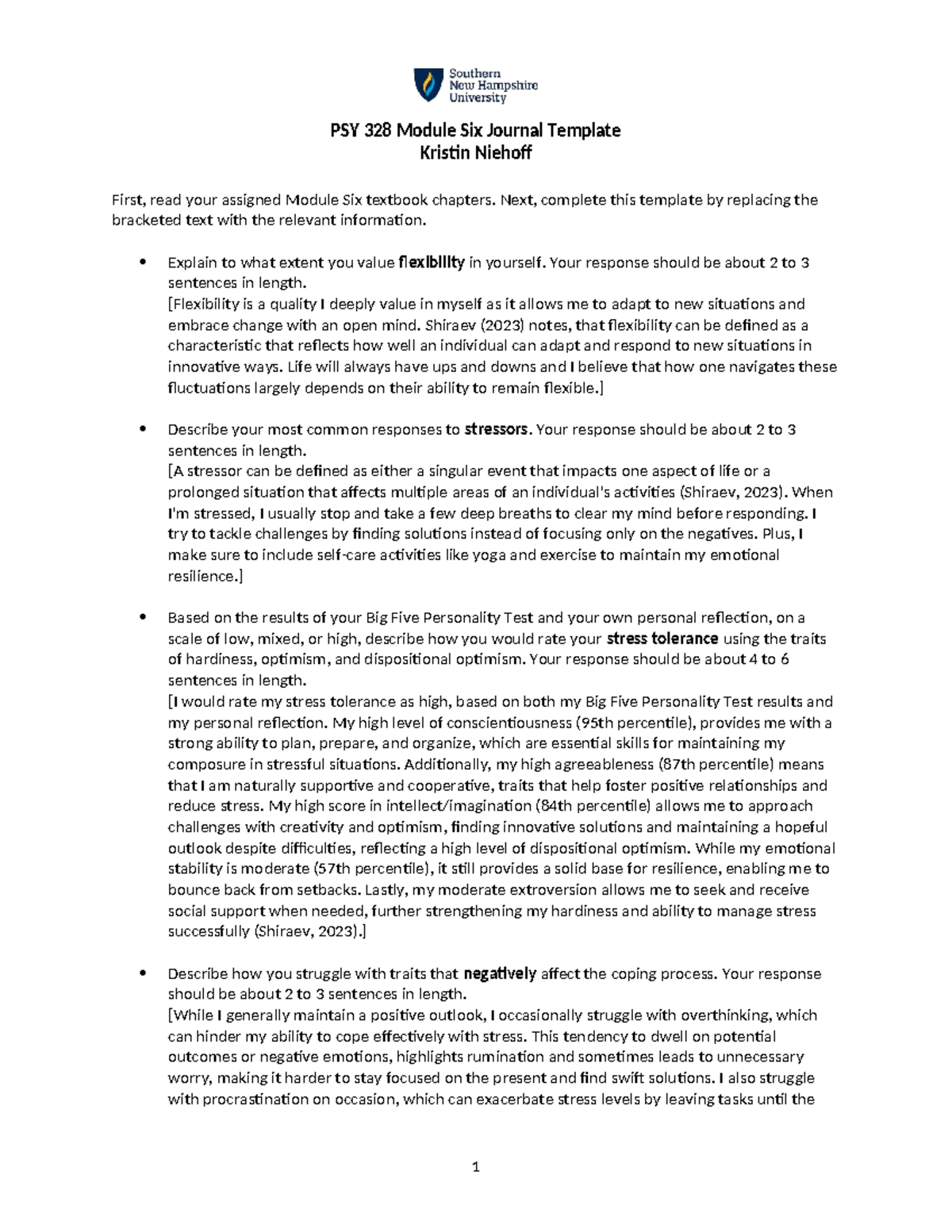 PSY 328 Module Six Journal: Reflections on Flexibility and Stress ...