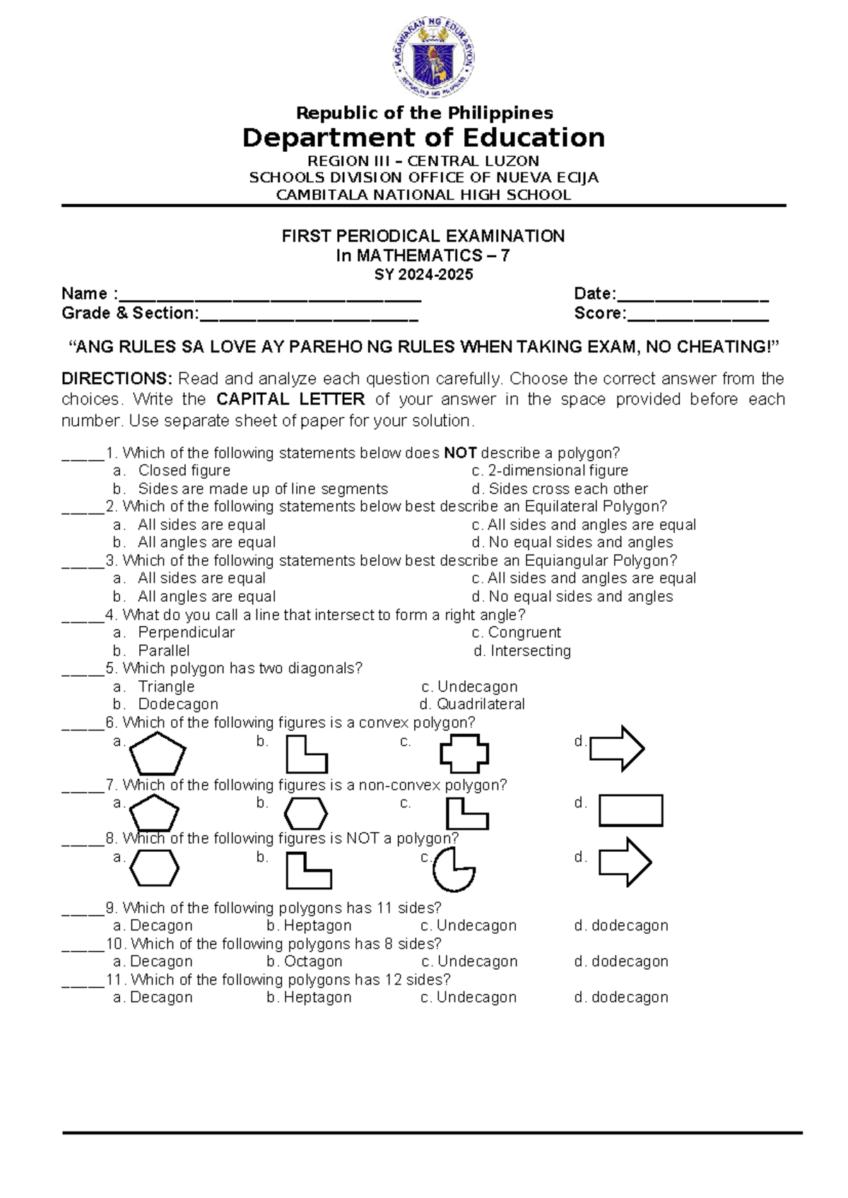 G7 1ST Periodic TEST MATH - Department of Education REGION III ...