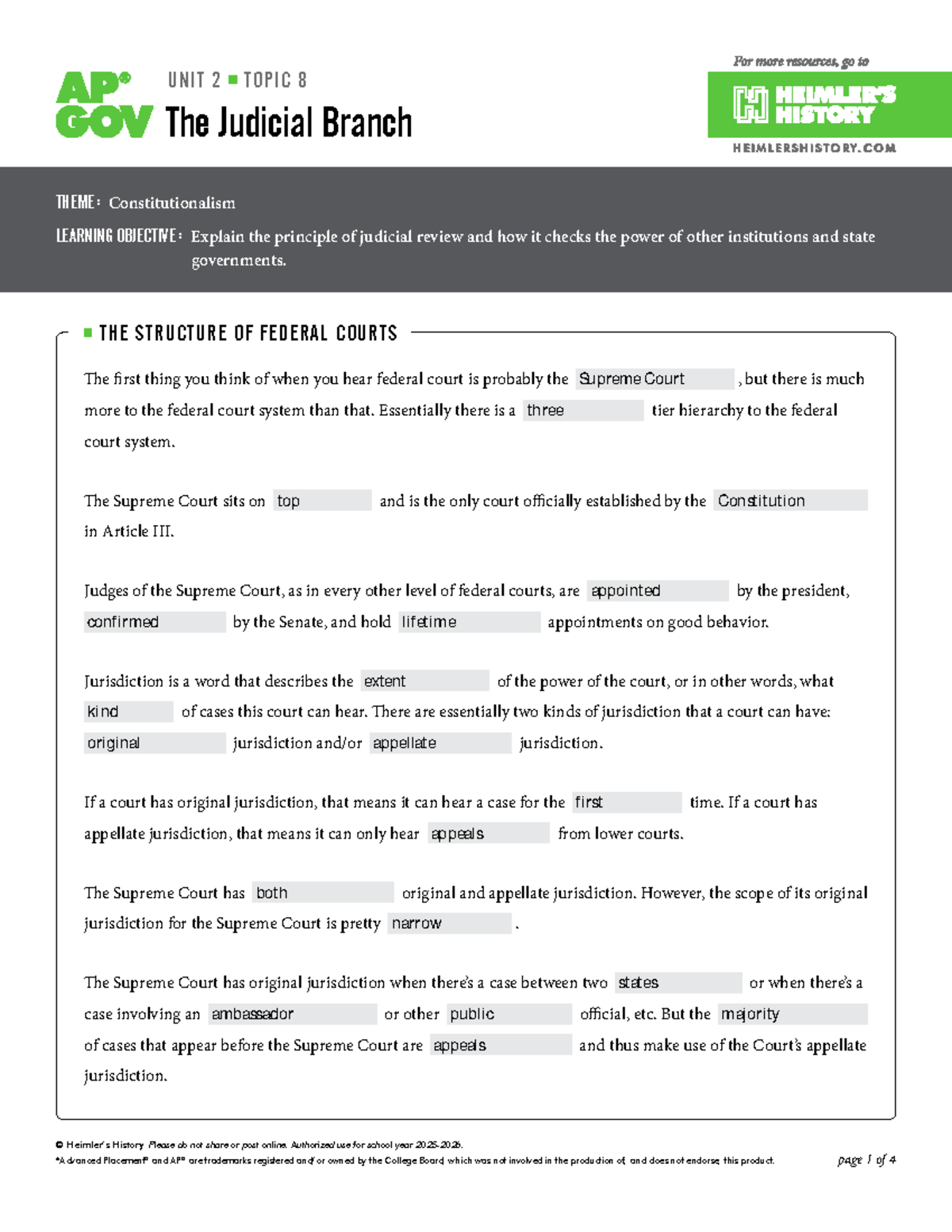 AP US History: The Judicial Branch & Judicial Review Principles - Studocu