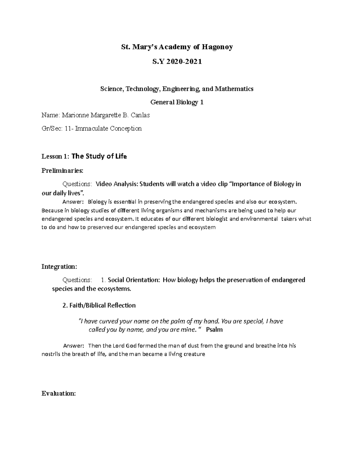 General Biology 1 Essay Questions Format: Lessons Overview - Studocu