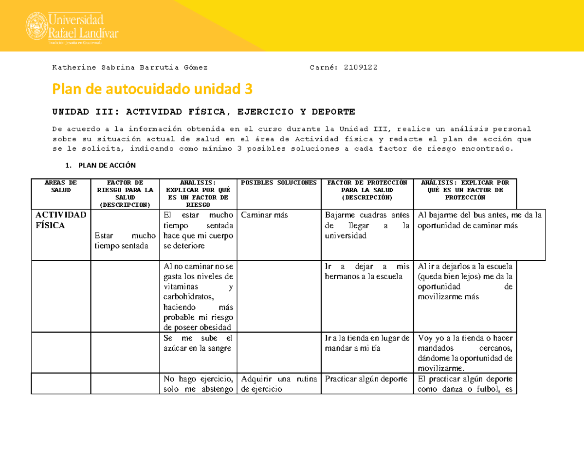 Plan de Autocuidado III: Actividad Física y Deporte - Análisis y ...