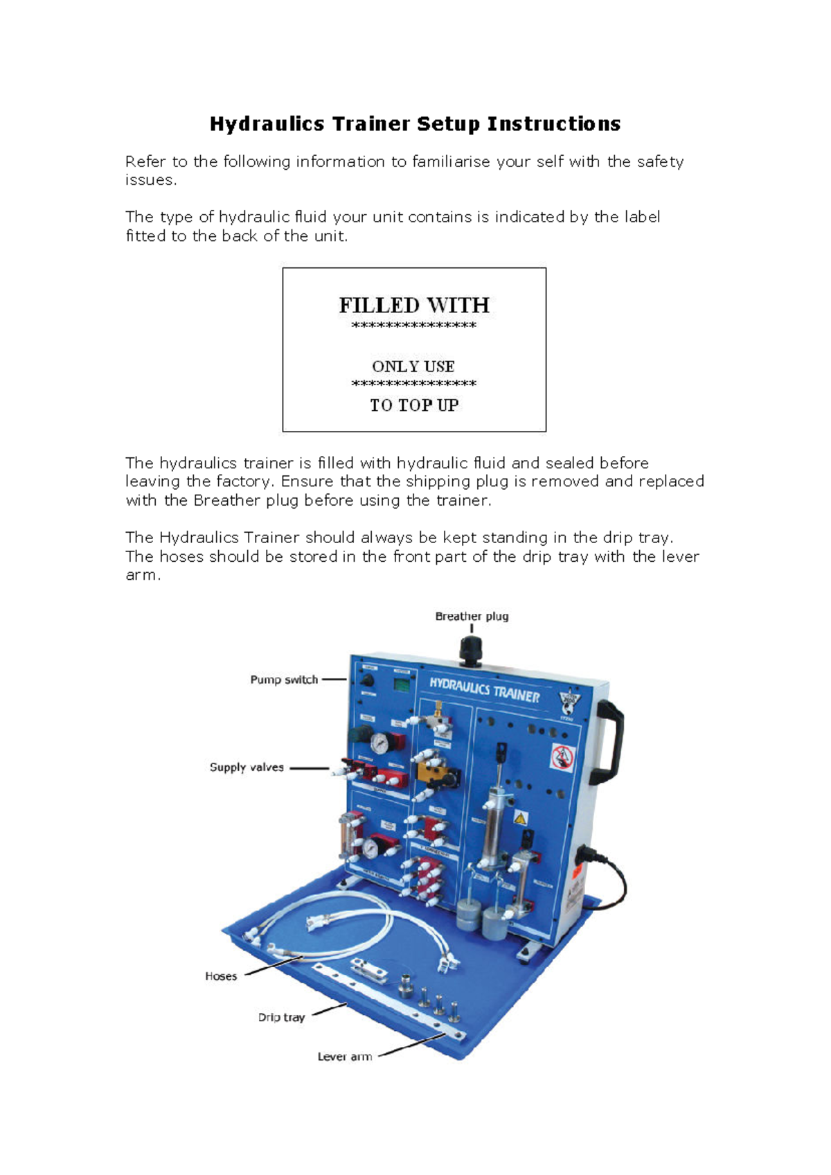 Hydraulics Trainer Setup Instructions and Safety Guidelines - Studocu