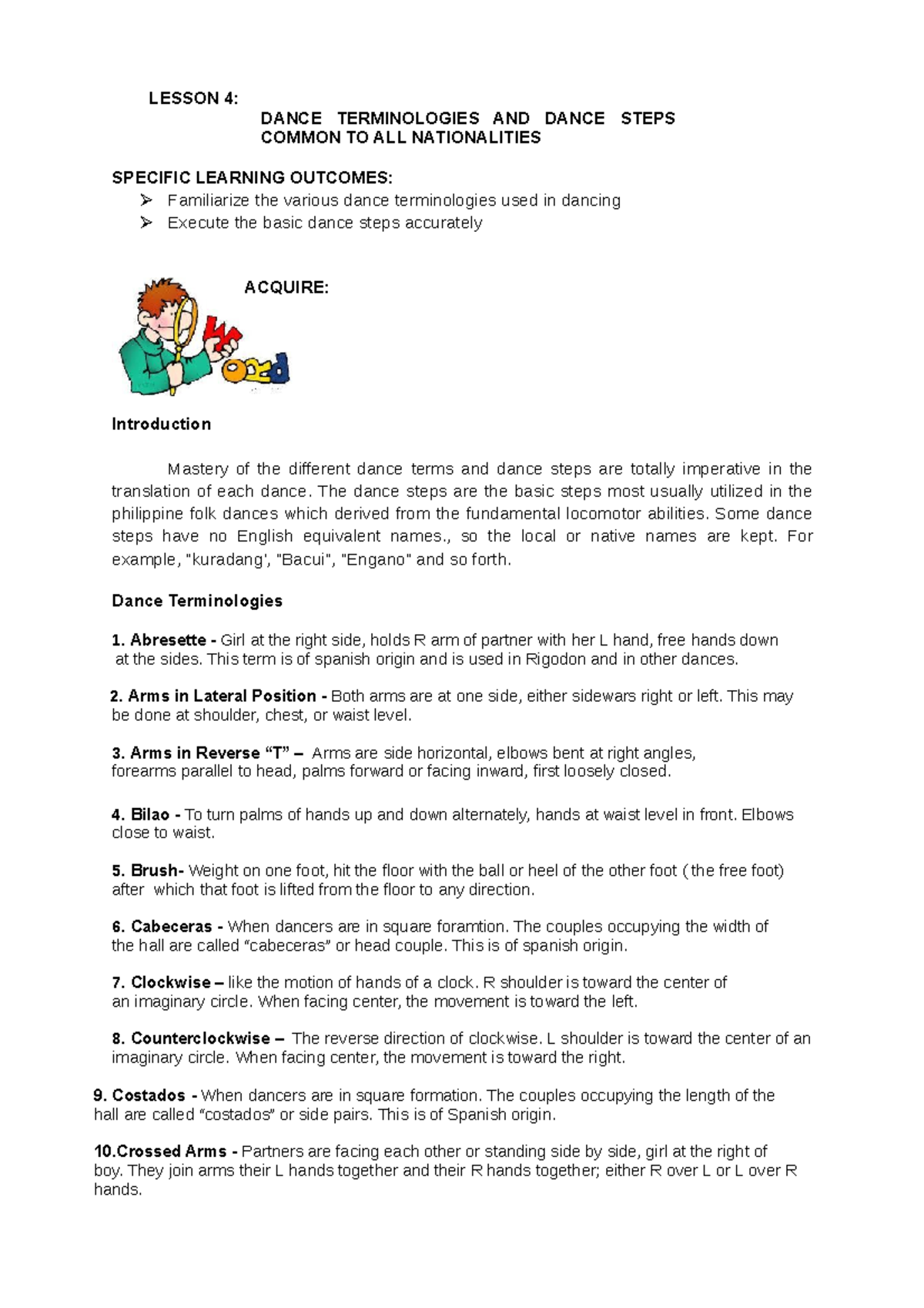 Lesson 4 - LESSON 4: DANCE TERMINOLOGIES AND DANCE STEPS COMMON TO ALL ...