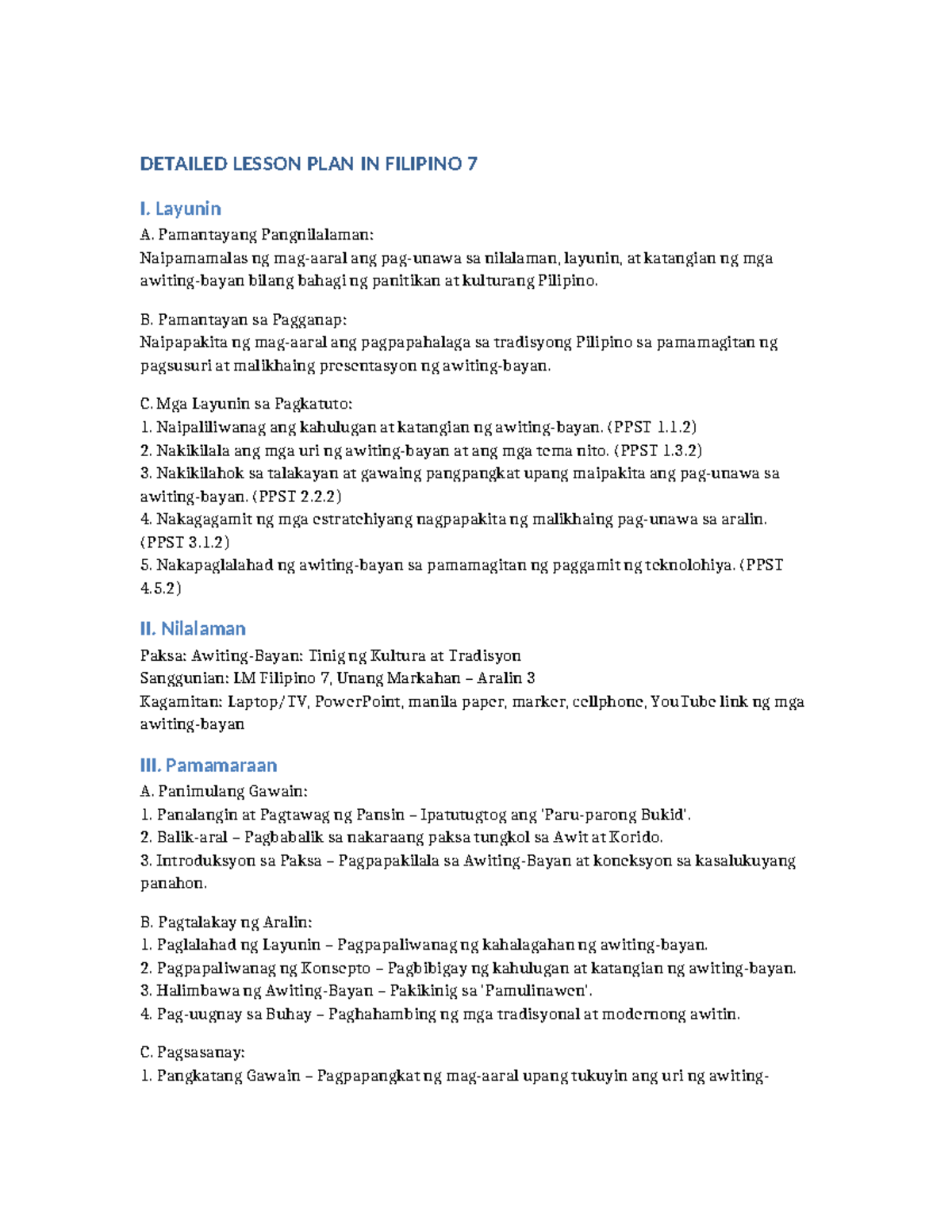 DLP Filipino 7: Tinig ng Kultura at Tradisyon Lesson Plan - Studocu
