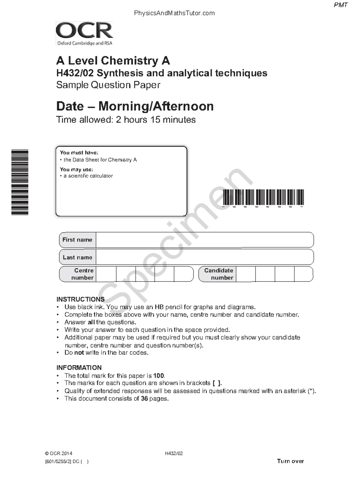 GCSE Chemistry 1H Specimen Paper - Higher Tier Exam 2018 - Studocu