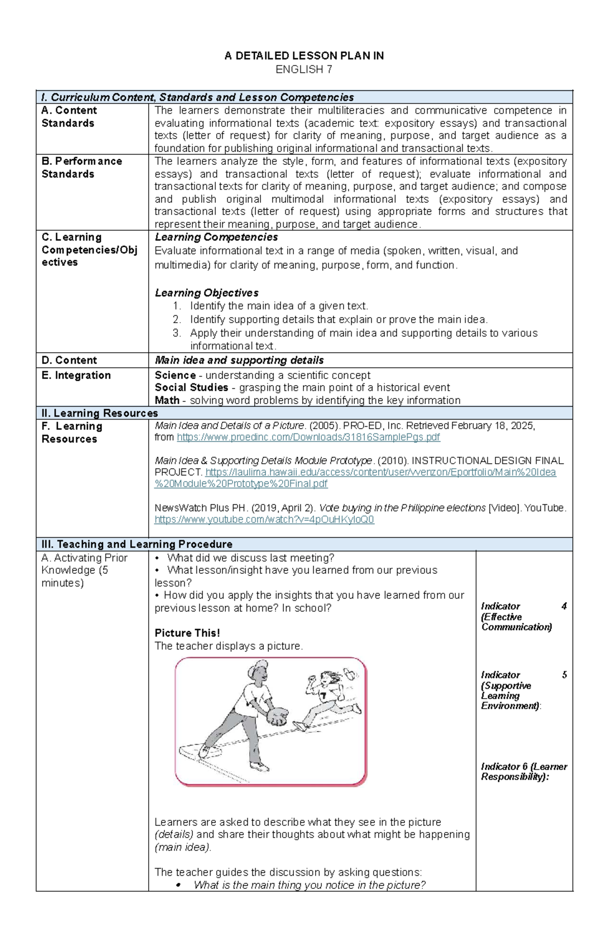 Lesson Plan - For Class observation - A DETAILED LESSON PLAN IN ENGLISH ...