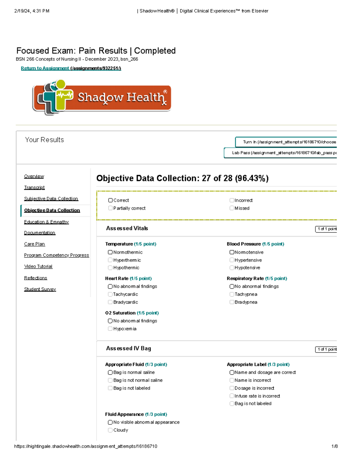 BSN 266 Focused Exam: Pain Assessment & Objective Data Collection - Studocu