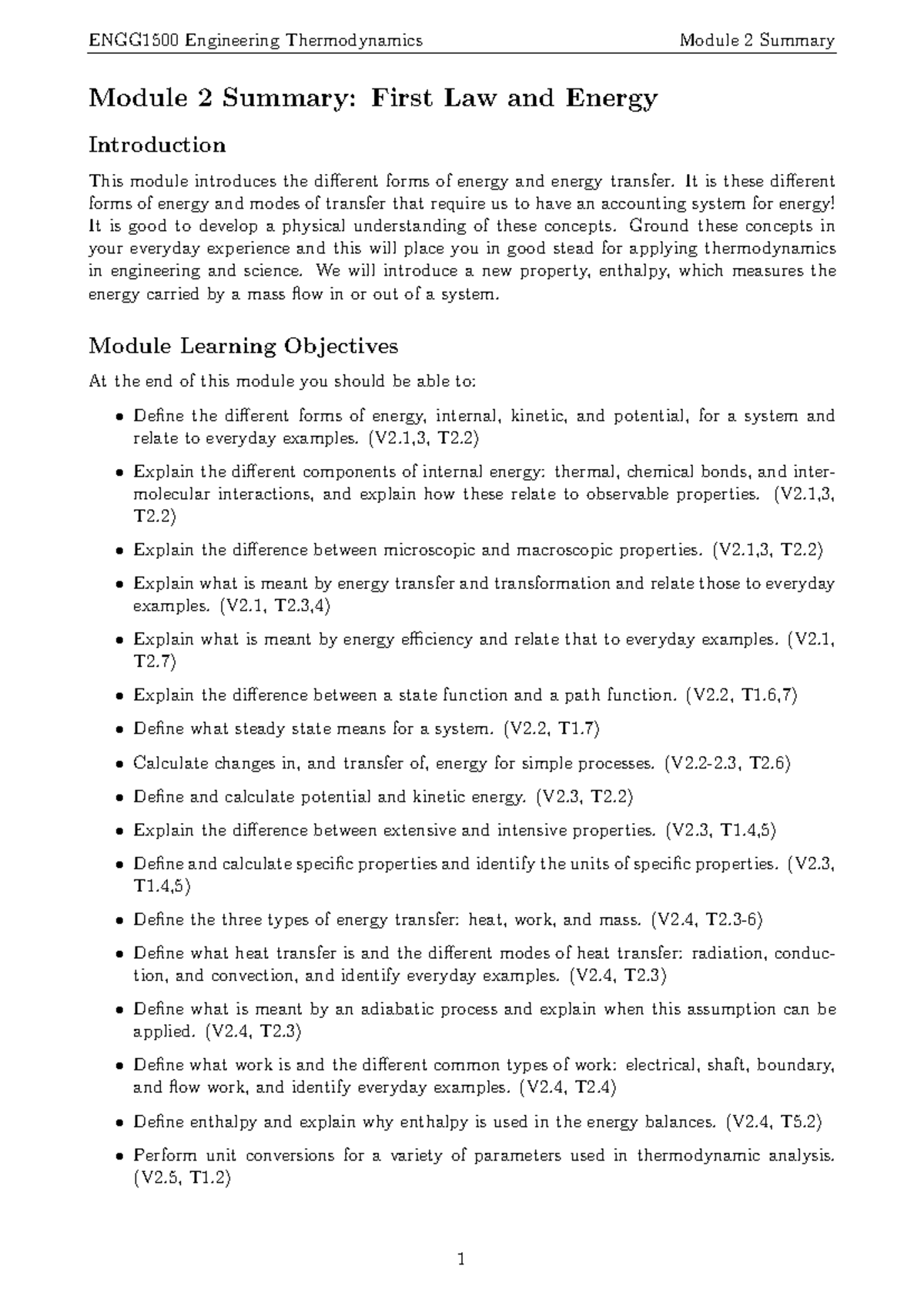 ENGG1500 Engineering Thermodynamics Module 2 Summary: Energy Concepts ...