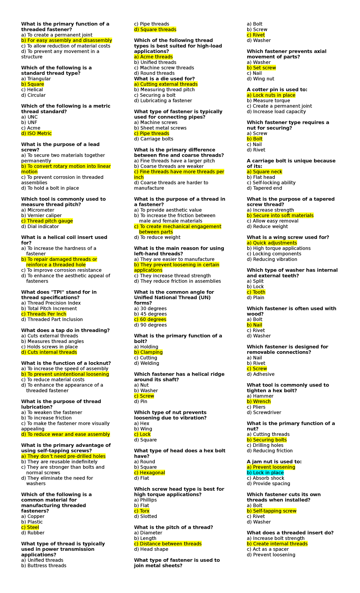 Machine Shop MCQ Study Guide for Exam Preparation - Studocu