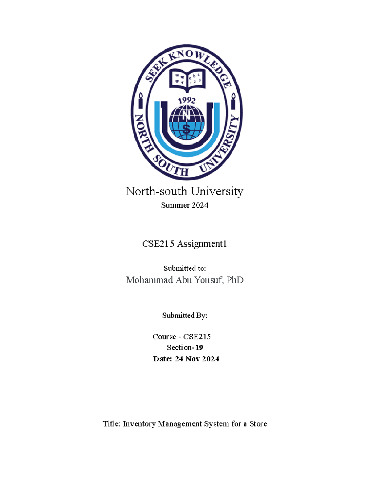 Assignment 1 Cse215 North South University Summer 2024 Cse215 Assignment Submitted To