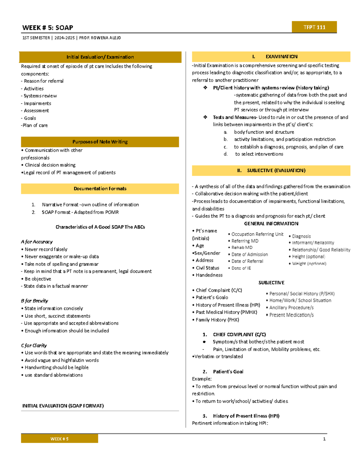 WEEK 5: SOAP Notes for Initial Evaluation in TFPT 1st Sem - Studocu