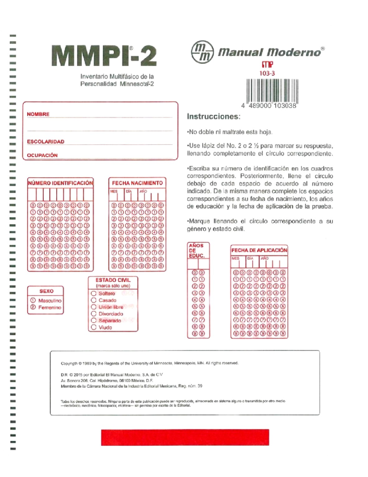 Protocolo MMPI-2 - Manual Moderno MP Inventario Multifásico de la Personalidad 4 103038 NOMBRE ...