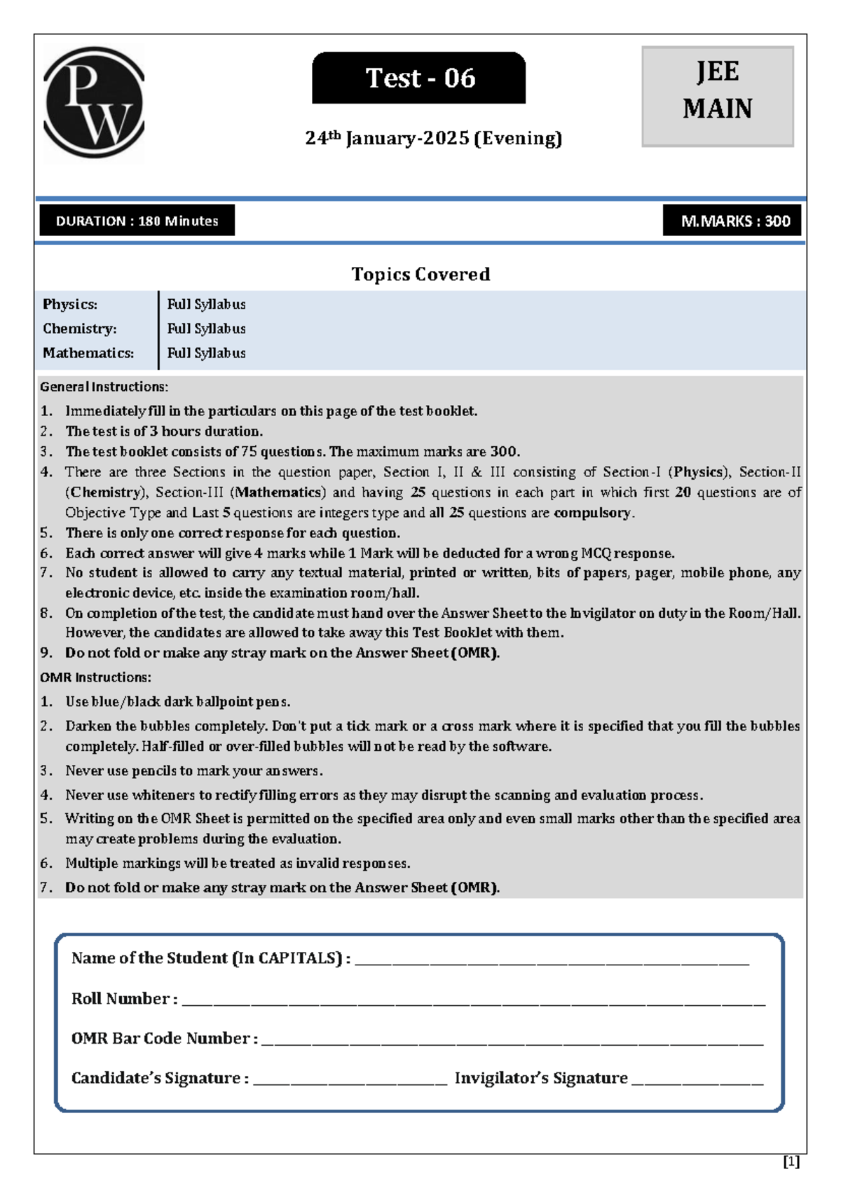 Test 06 Evening JEE Main 2025: Full Syllabus Questions - Studocu