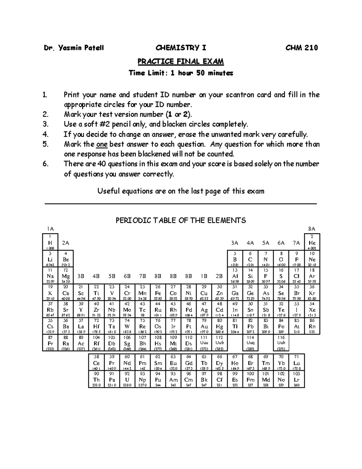 Final Exam Practice for CHM 210 - Comprehensive Review of Chapters 10 ...