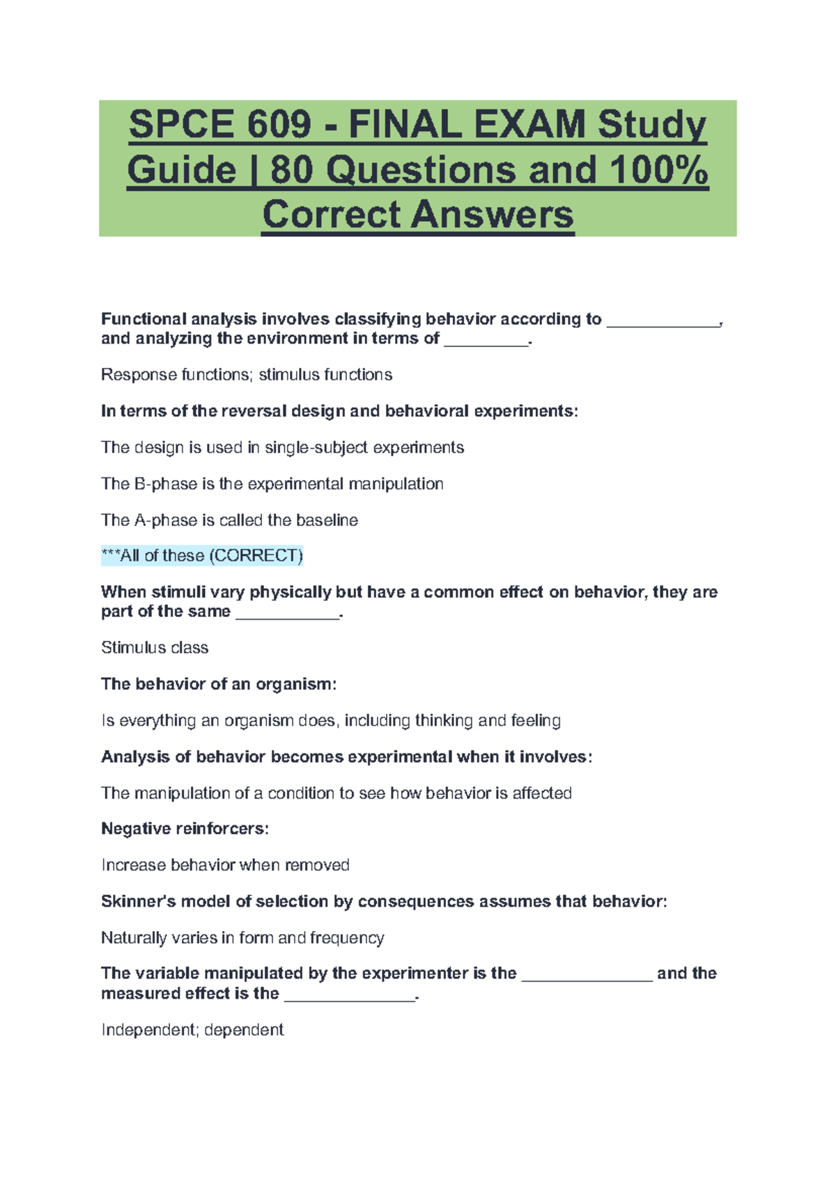 SPCE 609 FINAL EXAM Study Guide: 80 Questions & Answers - Studocu