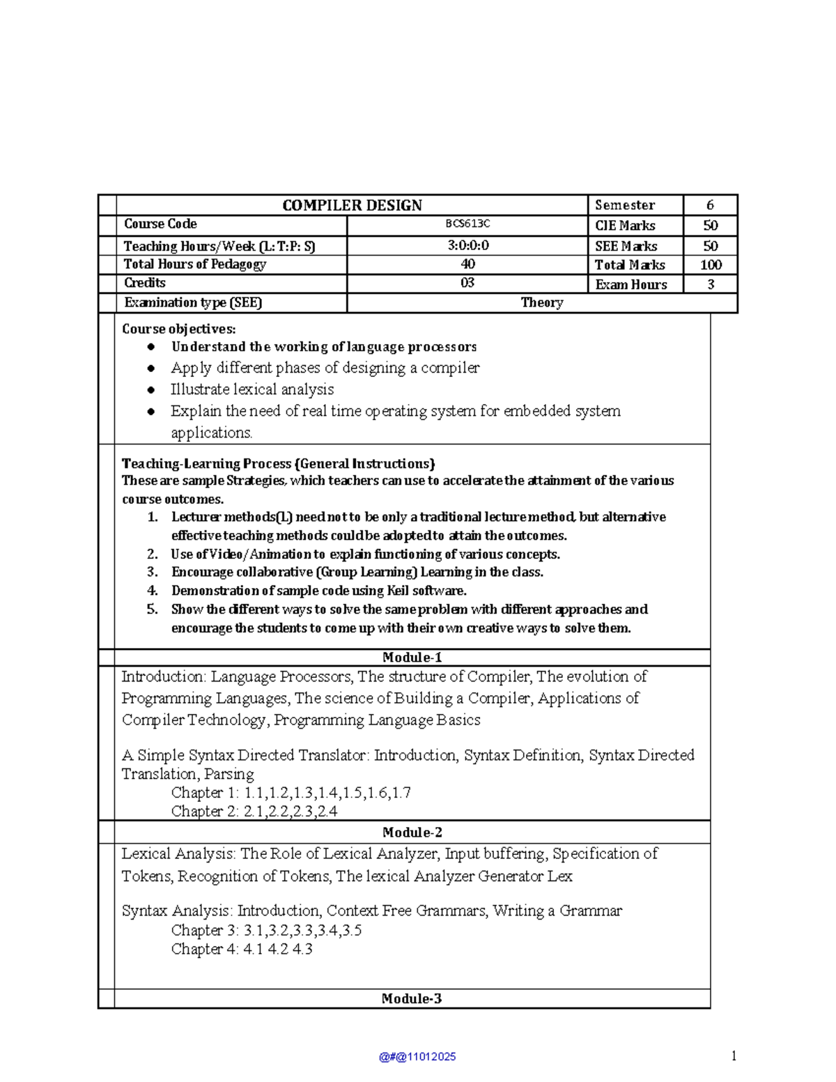 BCS613C Compiler Design Syllabus: Course Overview & Objectives - Studocu