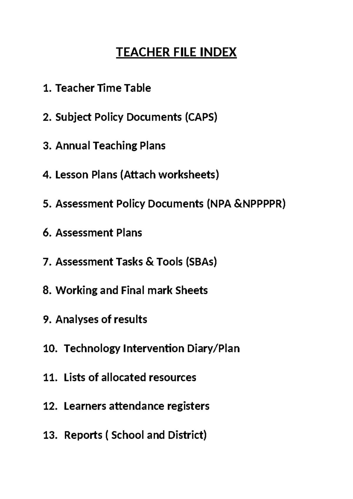Teacher File Index - TEACHER FILE INDEX 1. Teacher Time Table 2 ...