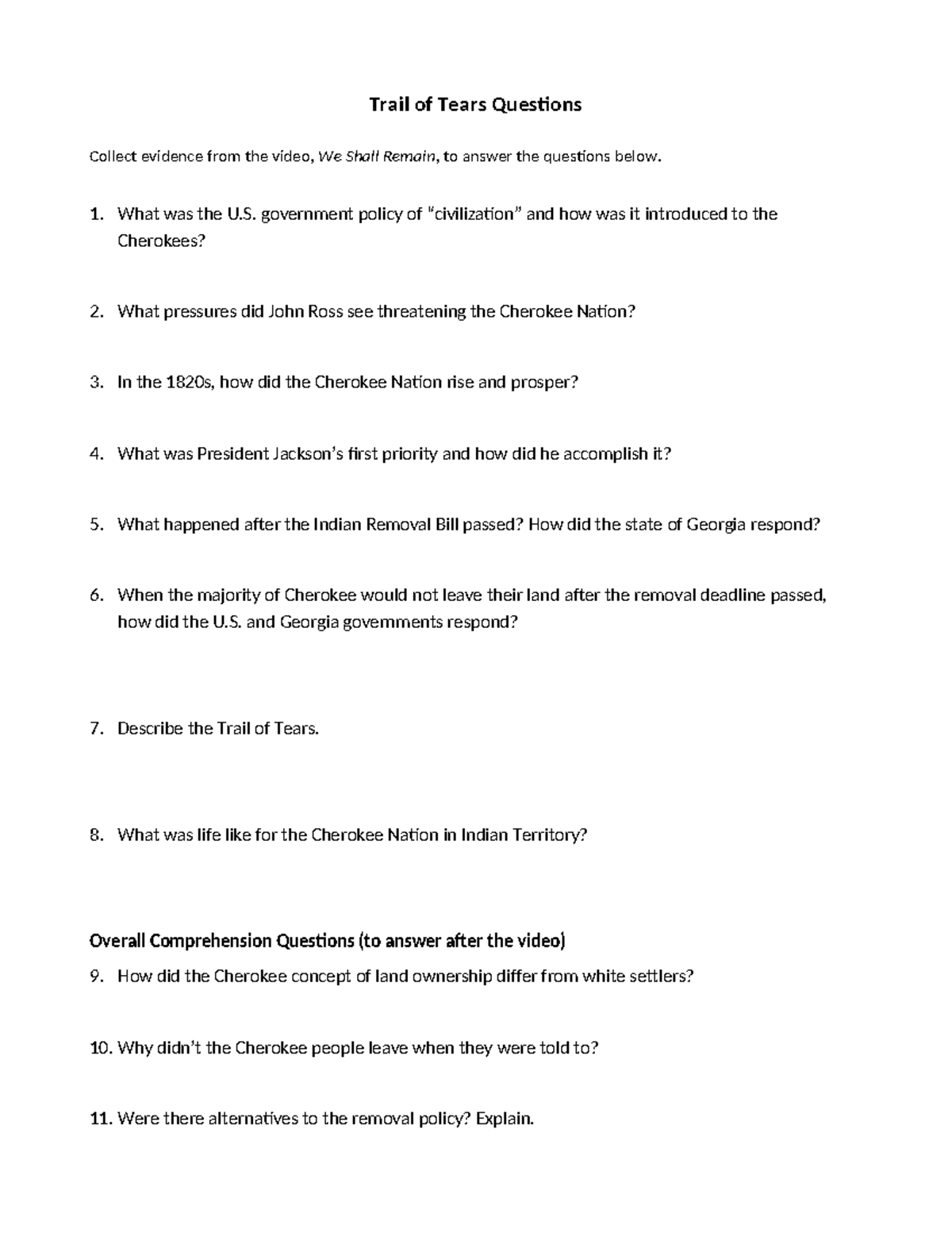 Trail of Tears: Key Questions from We Shall Remain Video - Studocu