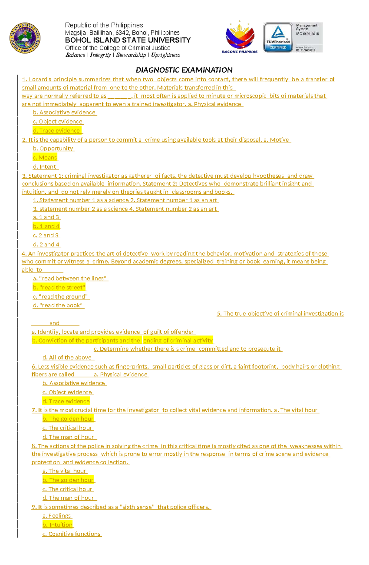 CDI-Diagnostic Examination Answer Key - Makatabang sa mga Hilig ug ...