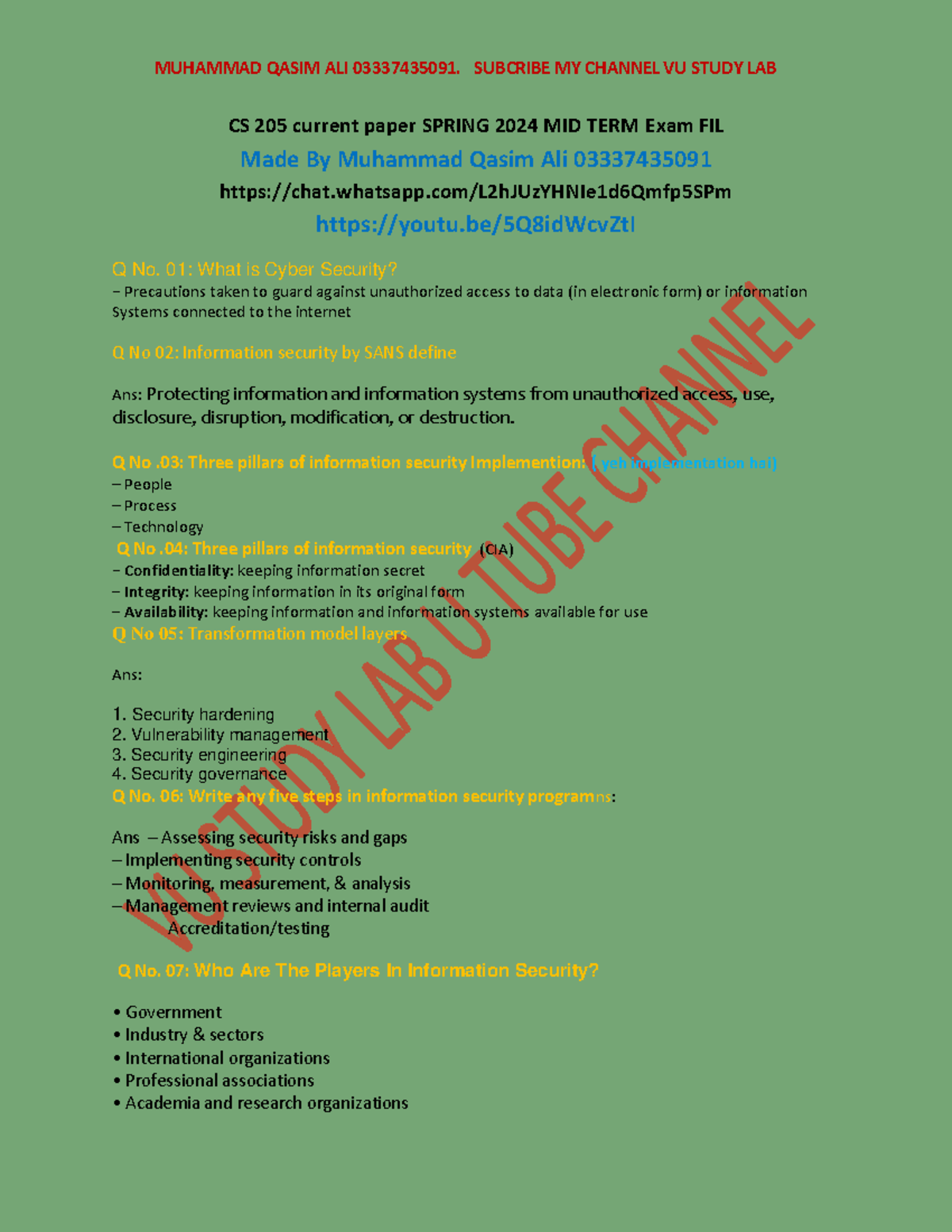 CS 205 MIDTERM 2024 Cyber Security Exam Guide by Muhammad Qasim Ali - Studocu