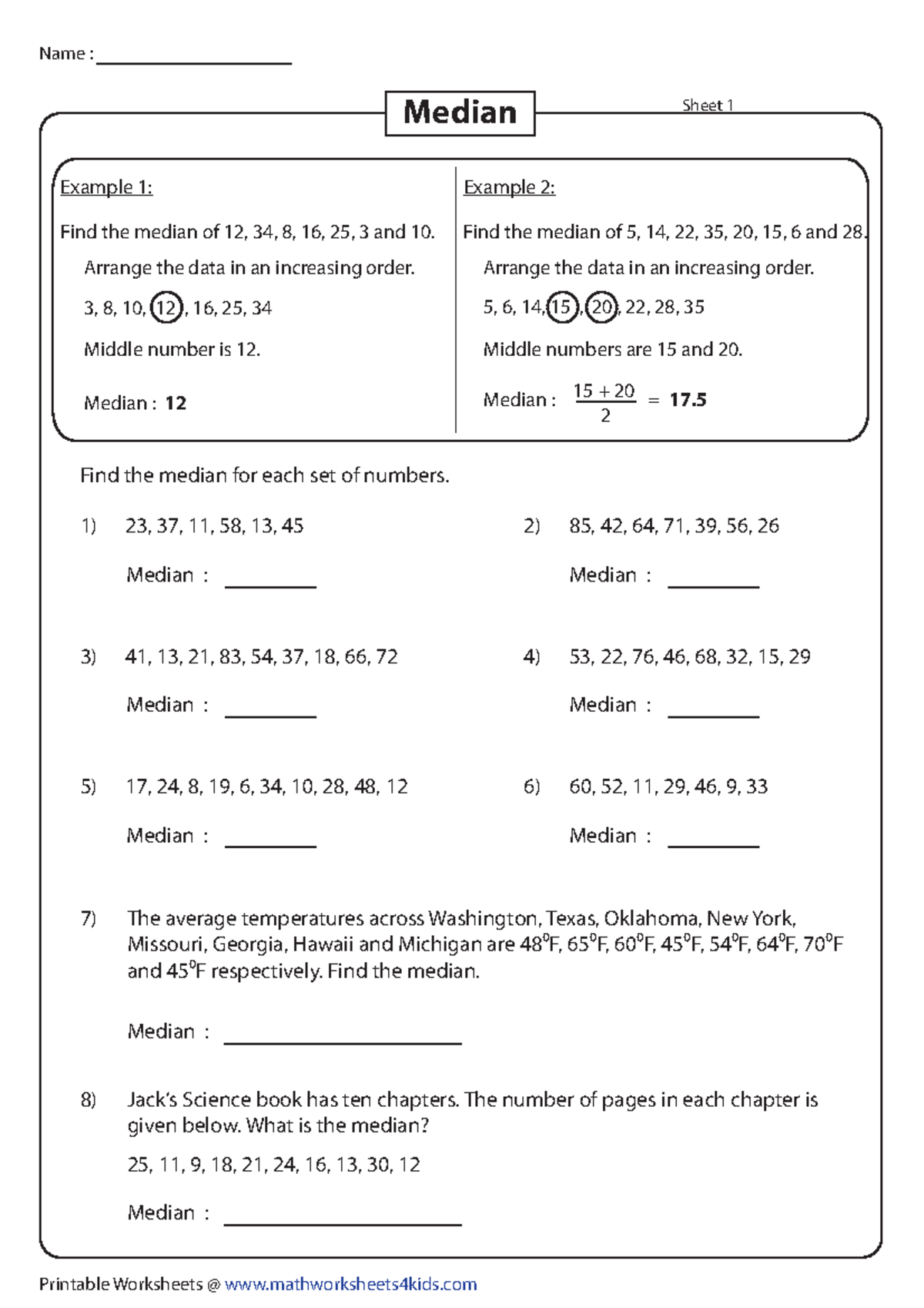 Median Calculations - Math Sheet 1 - Studocu