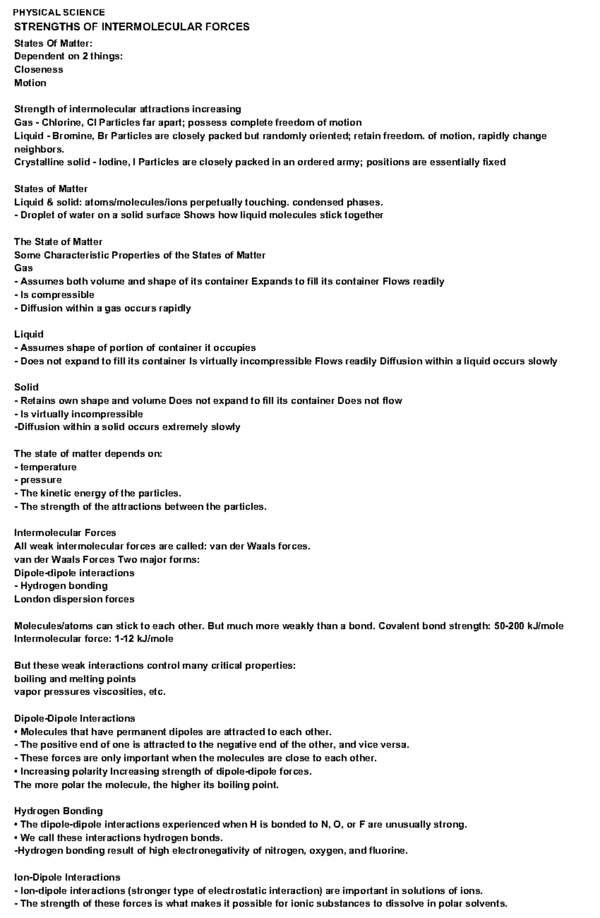 PHYSICAL SCIENCE CHAPTER ON INTERMOLECULAR FORCES AND STATES OF MATTER ...
