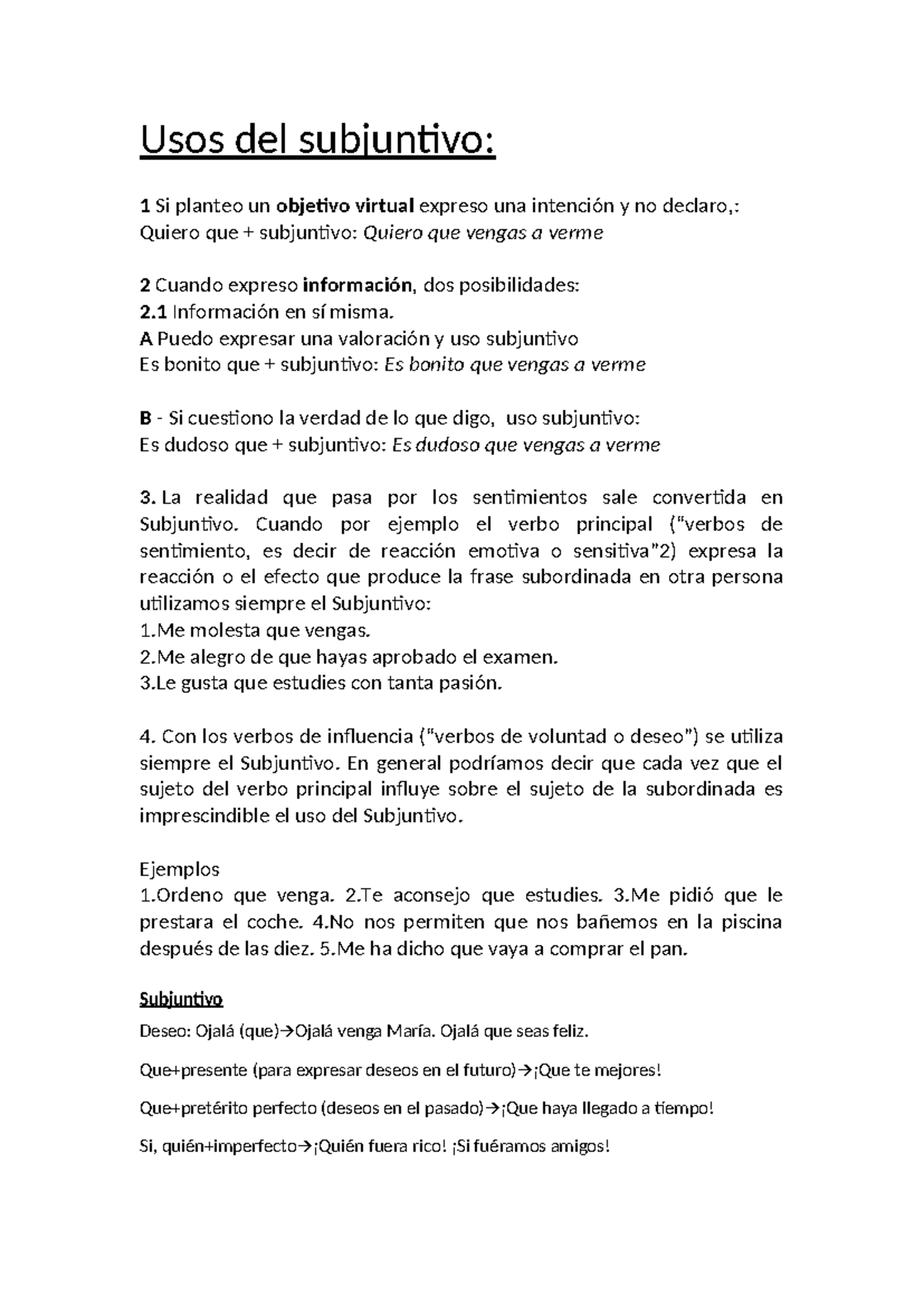 Uso del Subjuntivo y Ejercicios: Guía Completa para Estudiantes - Studocu