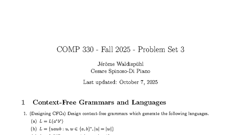 COMP 330 Fall 2025 Problem Set 3: Grammars, Languages, and Automata ...