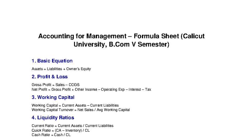 Accounting for Management Formula Sheet (B.Com V Sem) - Studocu