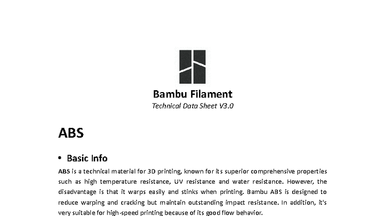 Bambu ABS Filament Technical Data Sheet V3.0 for 3D Printing - Studocu