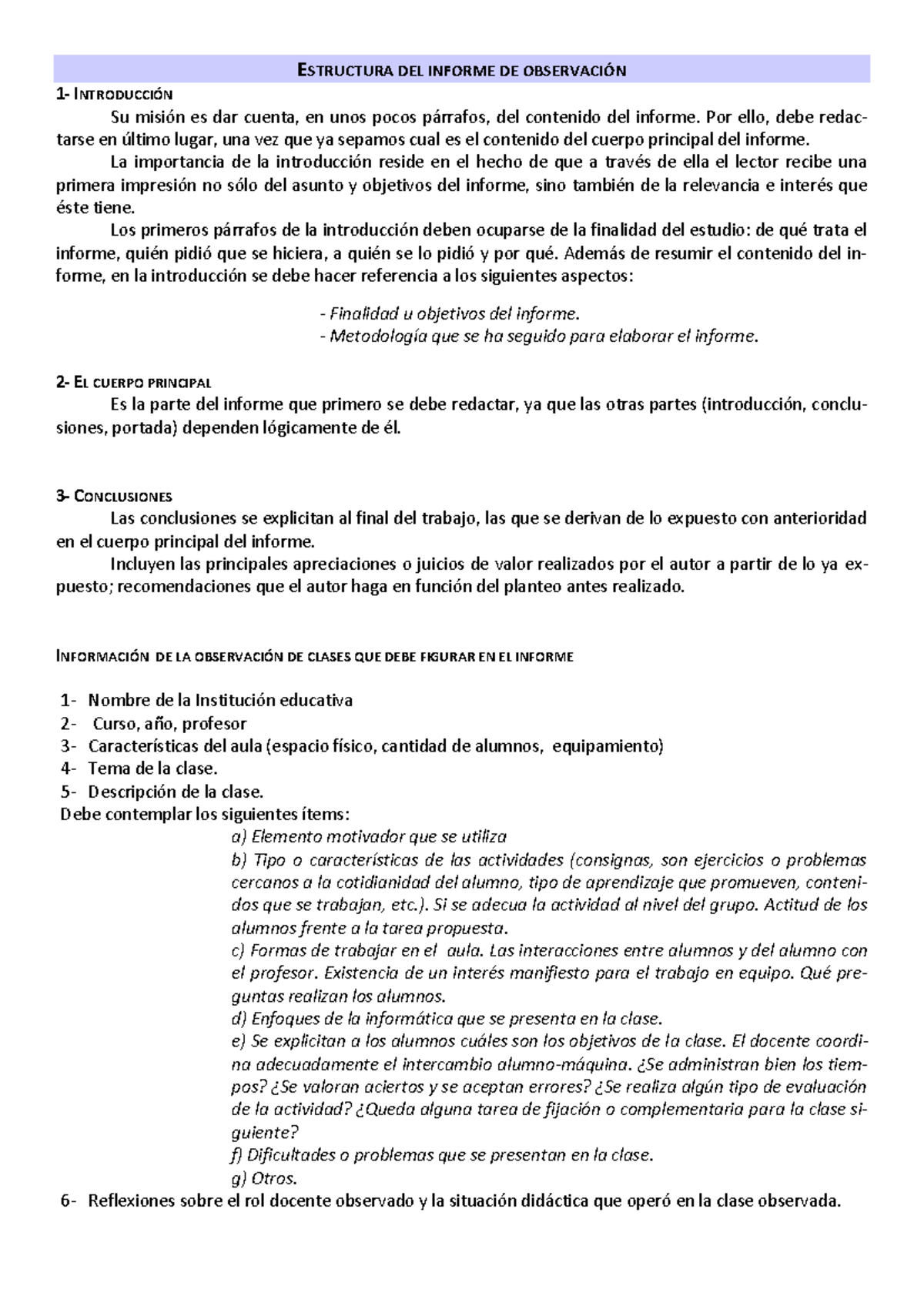 Estructura del Informe de Observación en Clases Educativas - Studocu