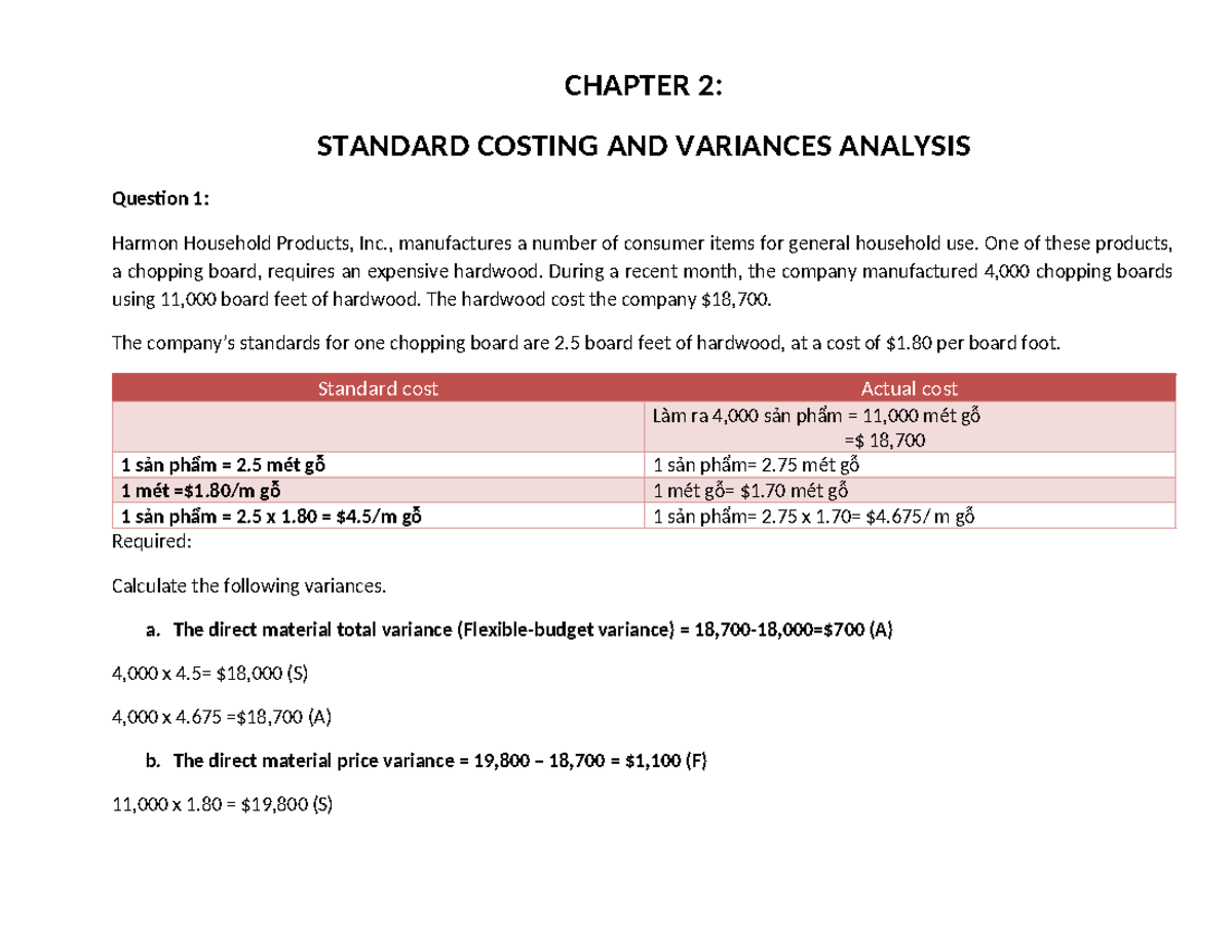 Exercise Chapter 2 - Variance Analysis - CHAPTER 2 : STANDARD COSTING ...