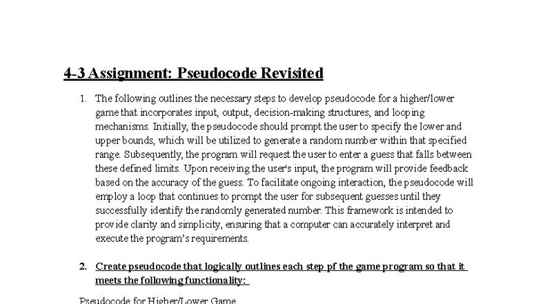4-3 Assignment: Pseudocode for Game Development Guide - Studocu