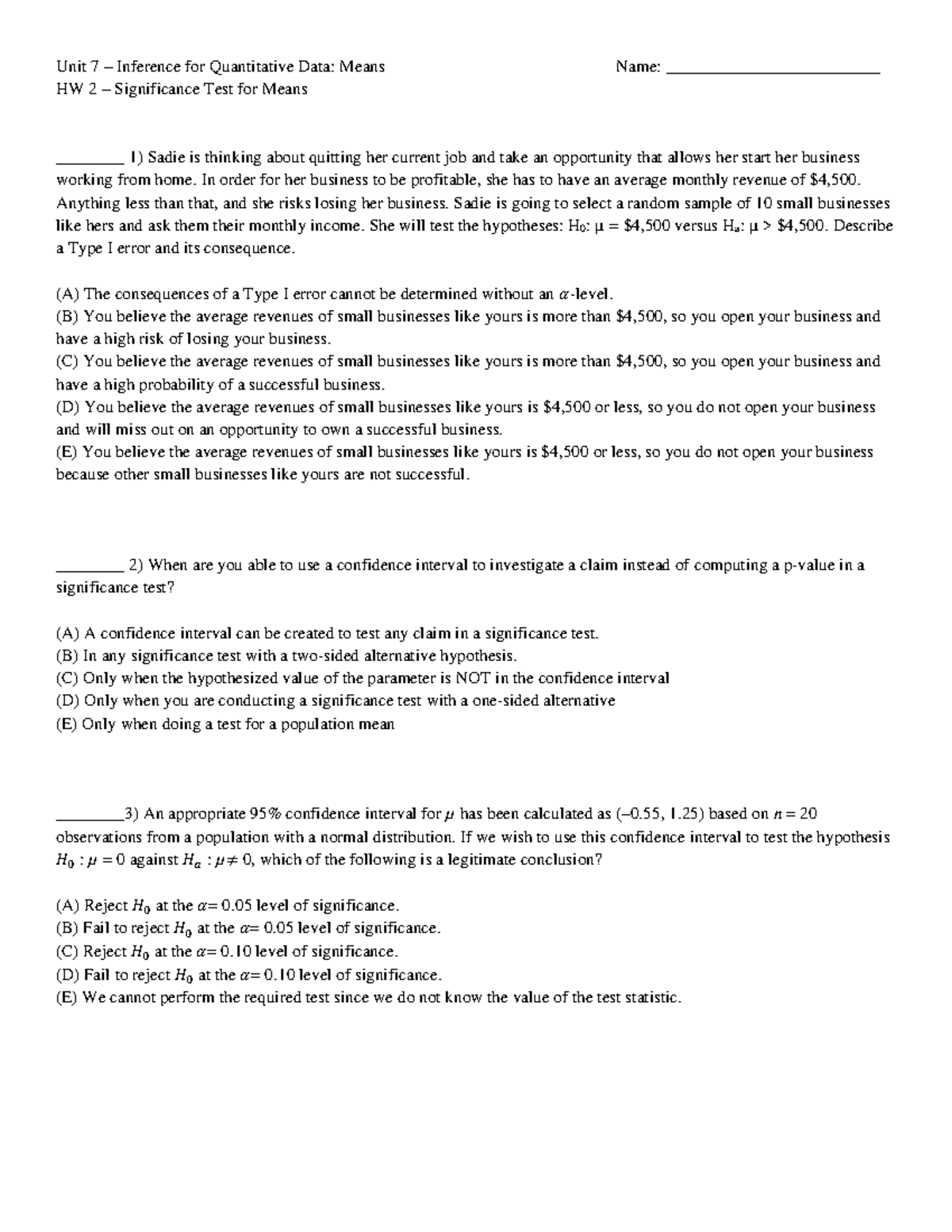 HW 2 - Significance Test for Means - Unit 7 – Inference for ...