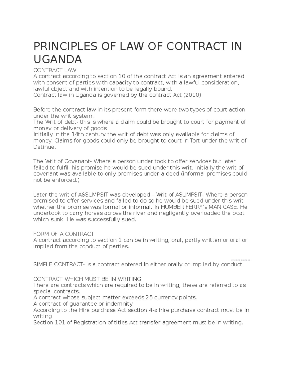 Contract LAW 101: YEAR ONE Notes on Principles and Case Studies - Studocu